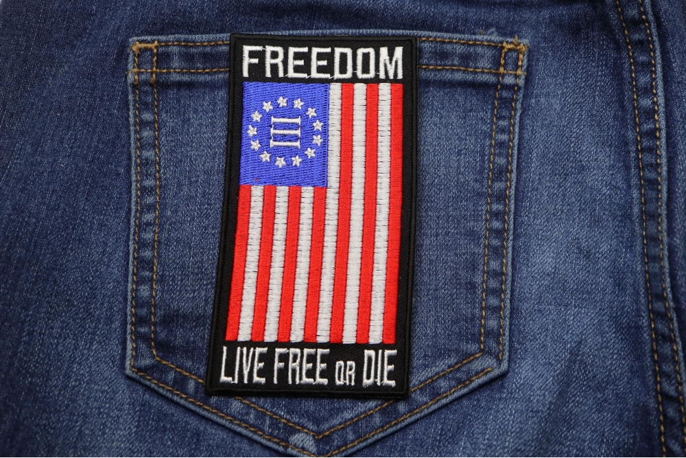Freedom Nyberg Flag Patch Live Free or Die shown on jeans