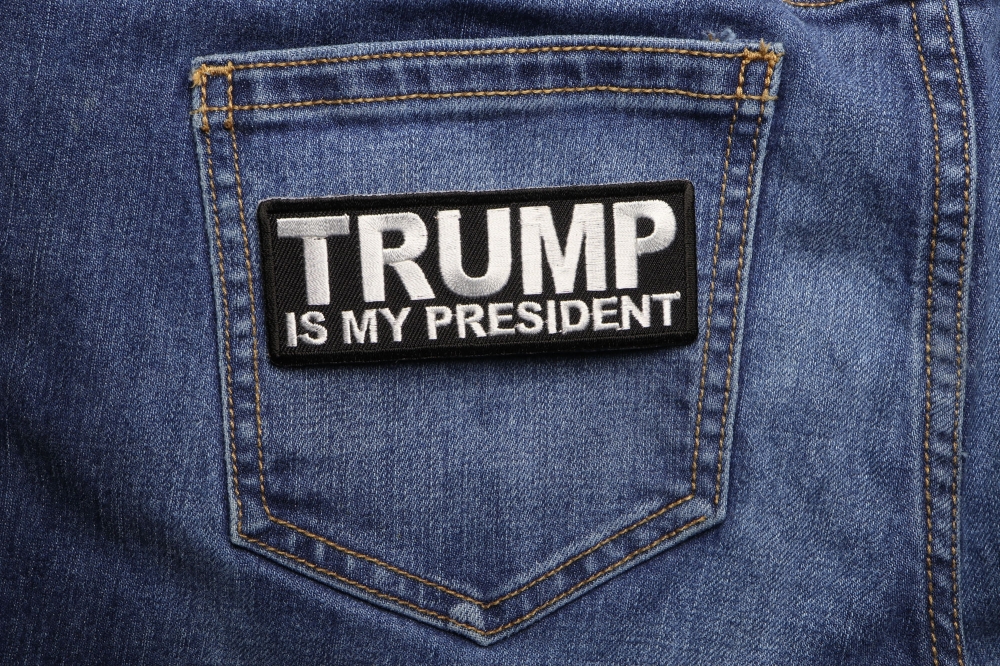 Trump Is My President Patriotic Iron on Patch shown on jeans