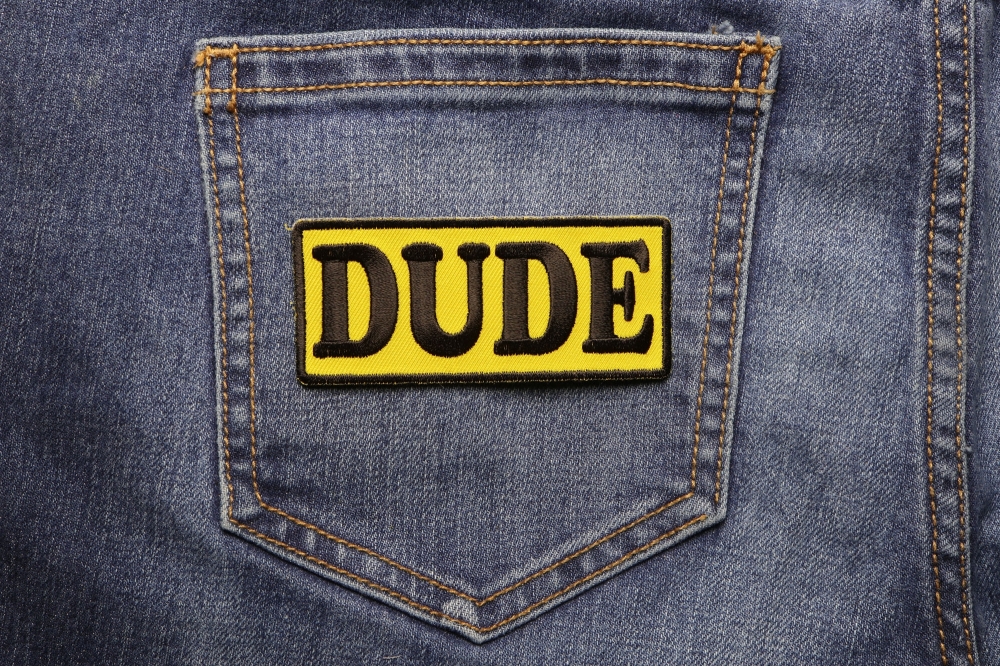 Dude Patch shown on jeans
