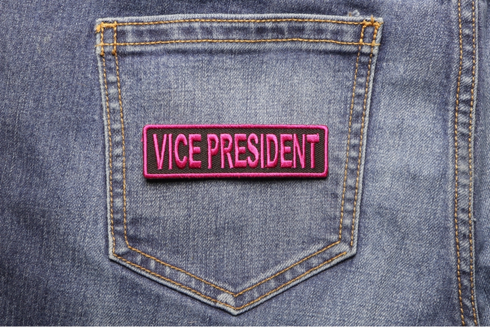 Vice President Patch 3.5 Inch Pink shown on jeans