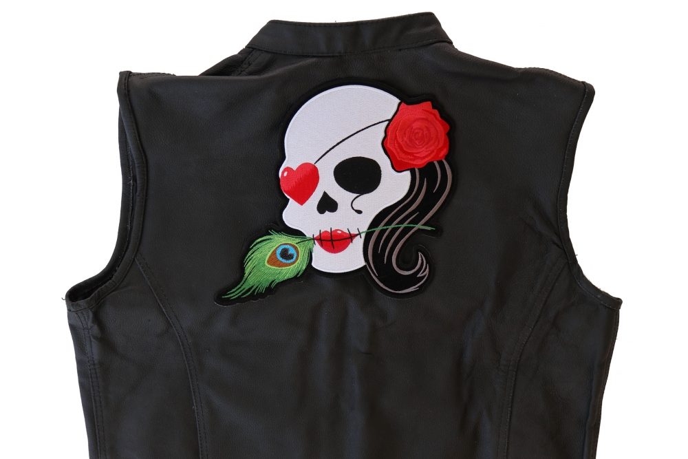 Lady's Sugar Skull with Pink Rose Heart and Feather Large Back Patch ...
