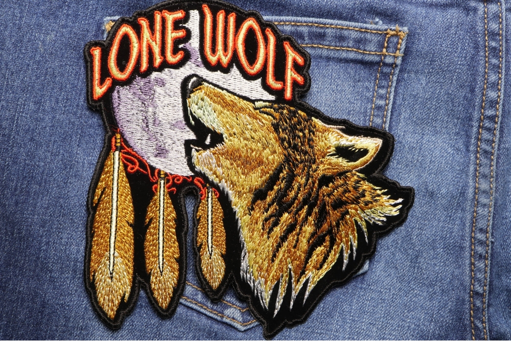 Lone Wolf Howling At The Moon 6 Inch Patch shown on jeans