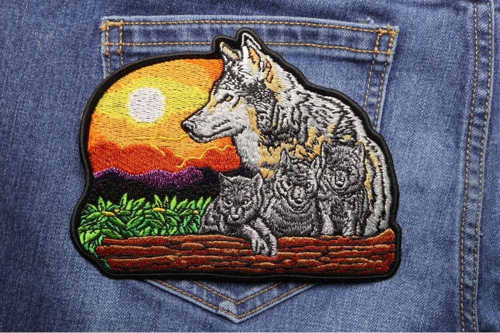 Wolf and Cubs Medium 6 Inch Patch shown on jeans