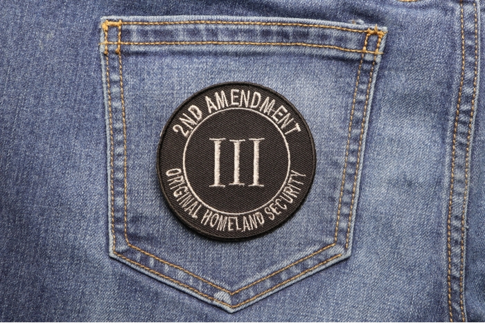2nd Amendment Original Homeland Security 3 Percenter Patch shown on jeans