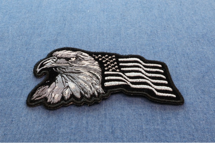 Eagle With Waving Flag Black Silver Patch | US Military Veteran Patches ...
