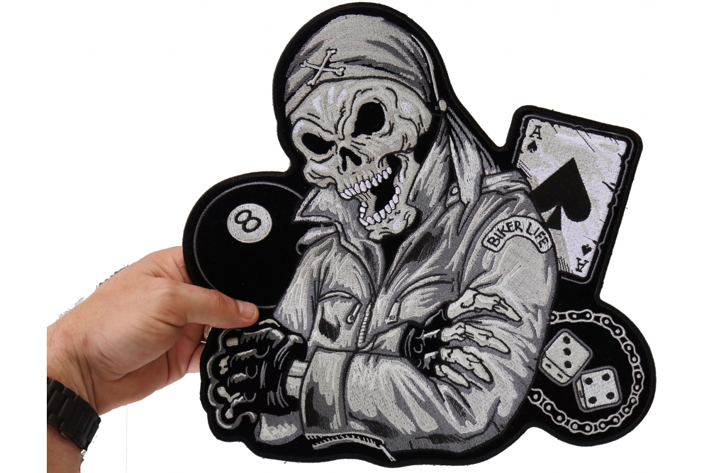 Biker Guy Skull Large Back Patch In Gray | Biker Patches -TheCheapPlace