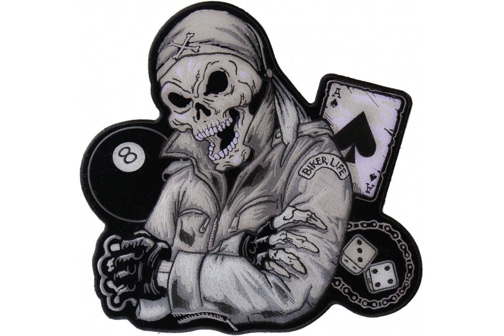 Biker Guy Skull Large Back Patch In Gray | Biker Patches -TheCheapPlace