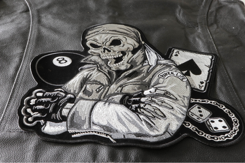 Biker Guy Skull Large Back Patch In Gray | Biker Patches -TheCheapPlace