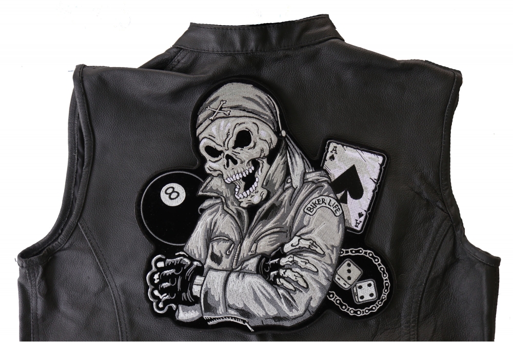 Biker Guy Skull Large Back Patch In Gray | Biker Patches -TheCheapPlace