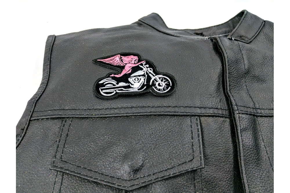 Pink Biker Angel On Motorcycle Patch | Biker Patches -TheCheapPlace
