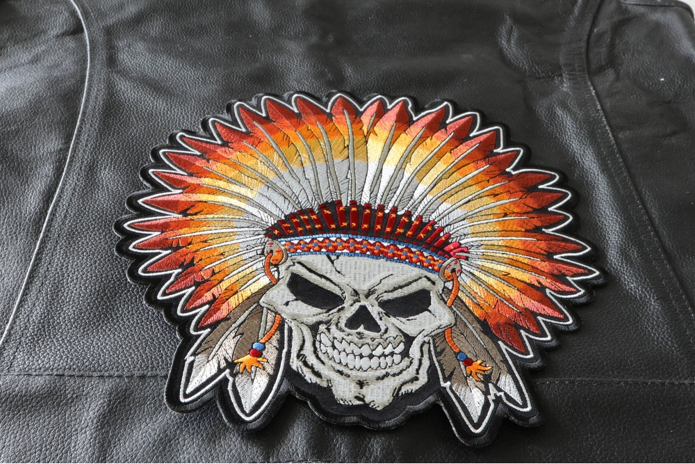 Skull With Indian Head Dress Large Back Patch | Native American Indian ...
