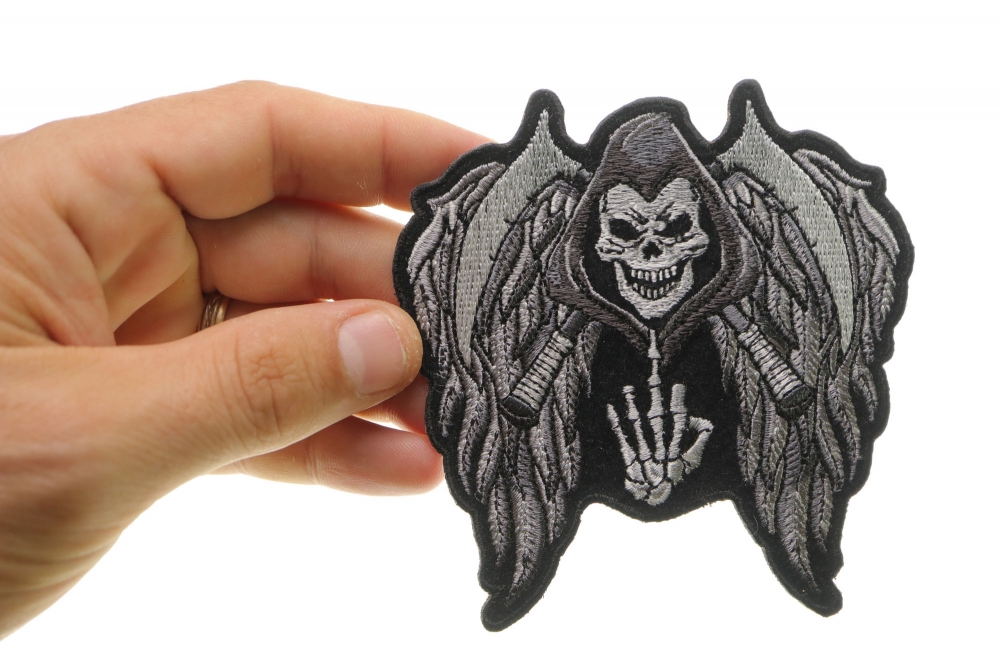 Reaper Skull Wings Middle Finger Patch Small | Skull Patches -TheCheapPlace