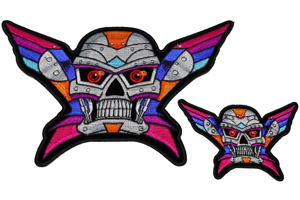 Set of 2 Small and Large Colorful Robot Skull Patches - TheCheapPlace