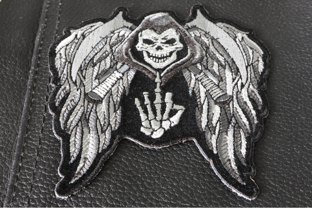 Reaper Skull Wings Middle Finger Patch Small | Skull Patches -TheCheapPlace
